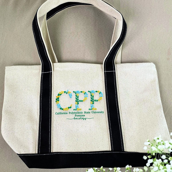 Personalized University Tote Bag with Custom Embroidered Floral Text-