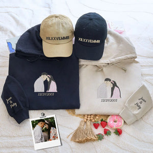 Custom Embroidered Couple Matching Sweatshirts and Hats Set with Portr