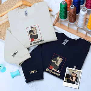 Custom Embroidered Couple Portrait Photo with Spotify Code Sweatshirt